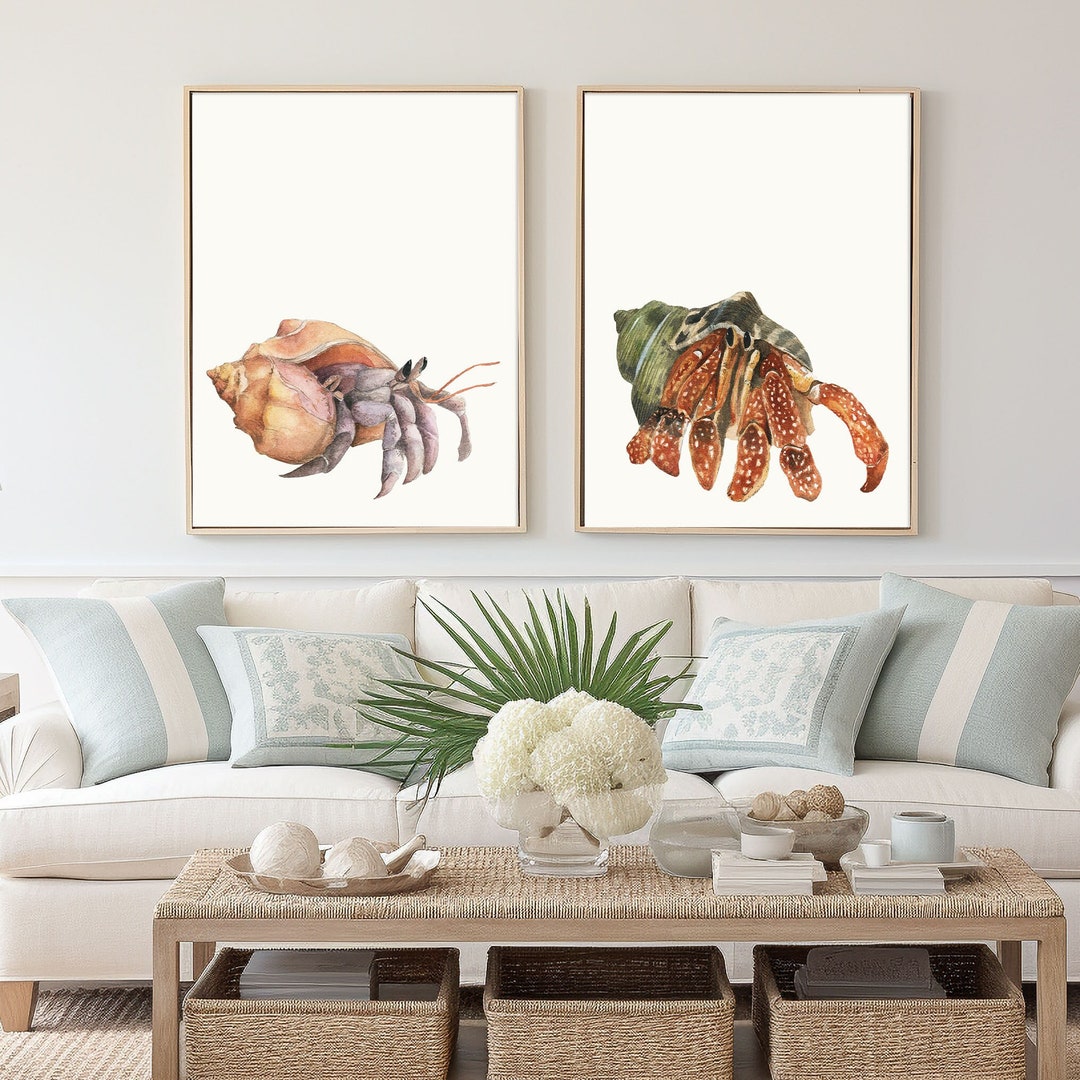 Hermit Crab Painting Set of 2 Coastal Living Room Wall Art Beach Wall ...