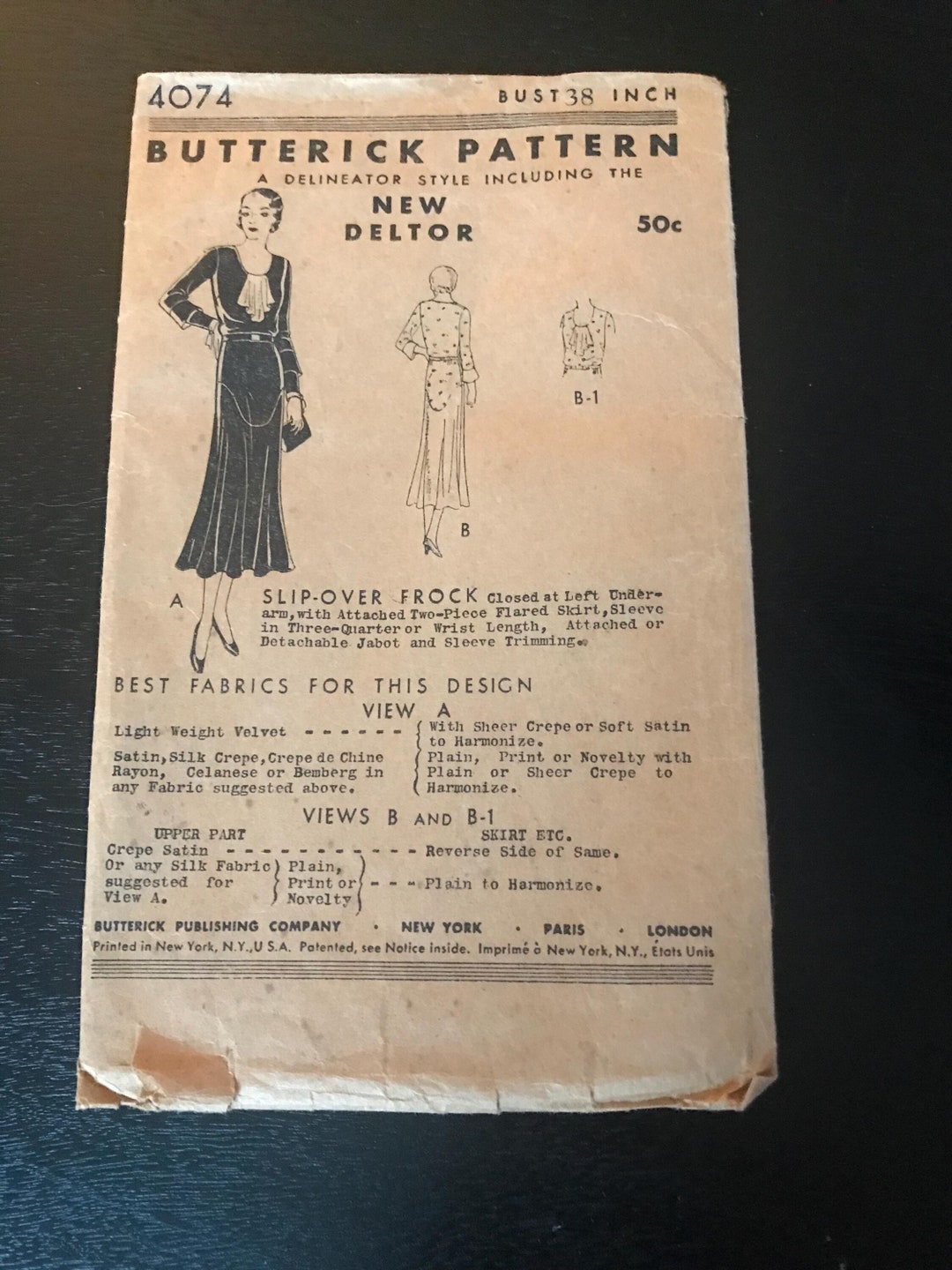 Butterick 4074 New Deltor Pattern Size 38 Bust 1920s-1930s - Etsy