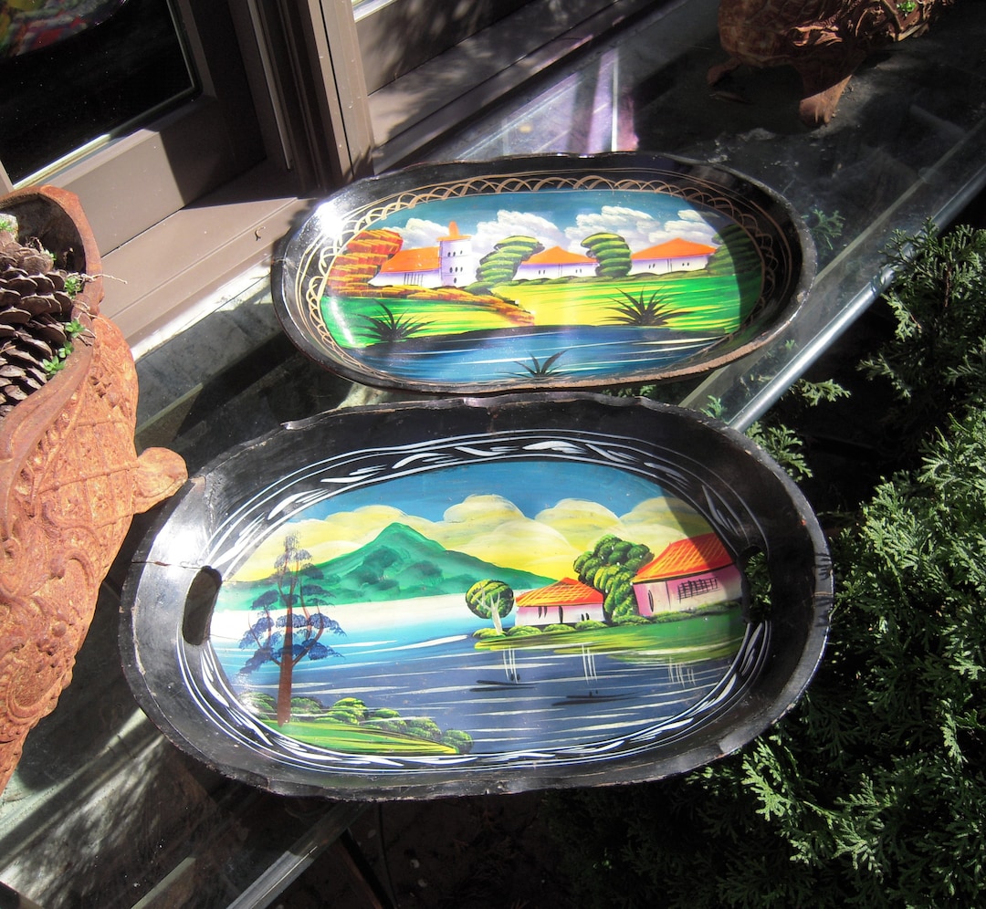 Each Mexican Lacquer Ware Trays Vintage Hand Painted Michoacan Lake ...