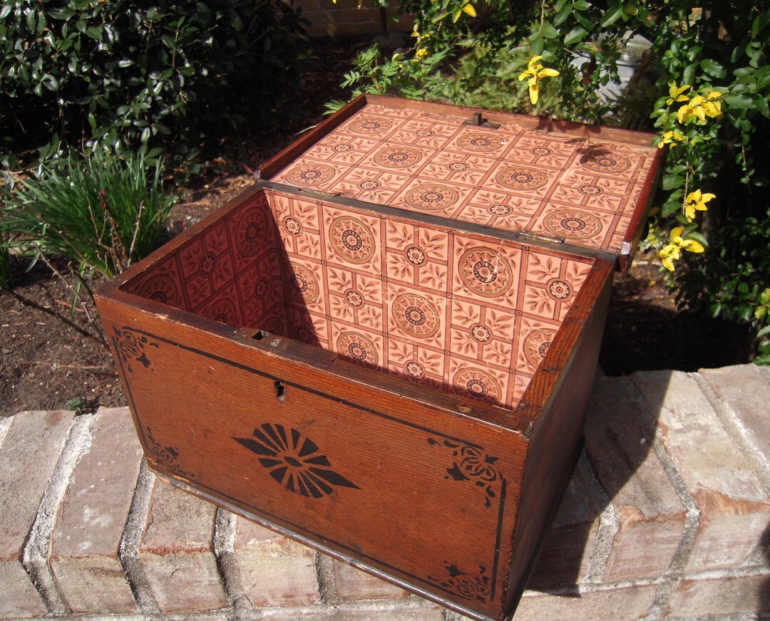Antique Wooden Box 1800's Original Paint and Wallpaper Stenciled ...