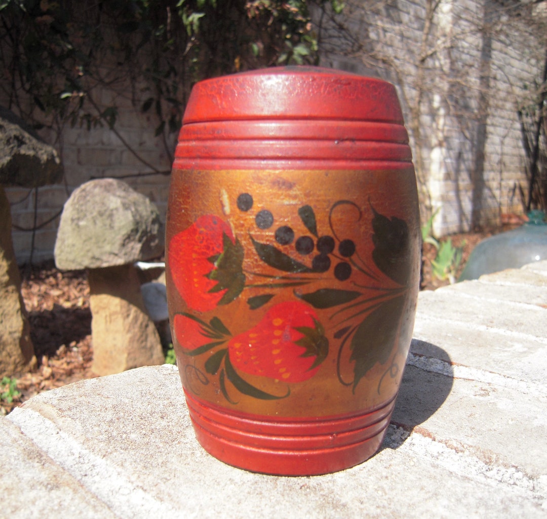 Antique Treen Box Handpainted With Strawberries Turned Wood Barrel ...