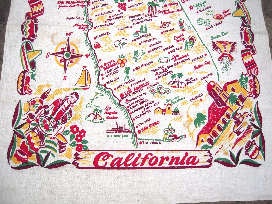 Vintage California Table Cloth Wall Hanging Tourist Map Souvenir Mid ...
