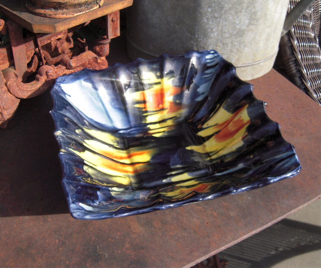 Vintage Mexican Drip Ware Pottery Bowl Oaxaca Deep Blue Large Folk Art ...