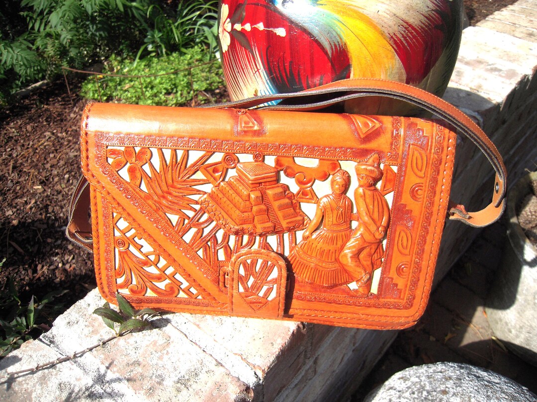 Vintage Mexican Leather Tooled Purse Folk Art - Etsy