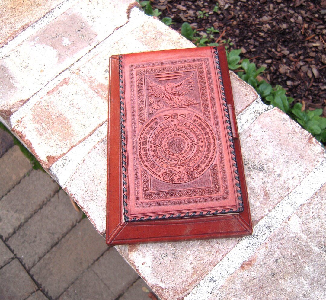 Rare Hand Tooled Leather Notepad Cover Mexican Mid Century Aztec Design ...