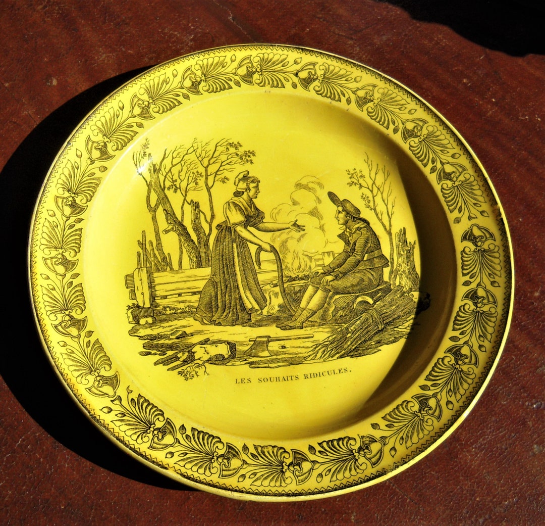 RARE Antique French Canary Yellow Transferware Plate Montereau Faience ...