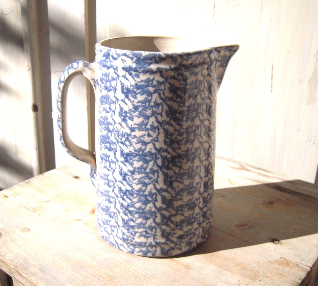Antique Spongeware Pottery Pitcher Blue White American Stoneware 1800's ...