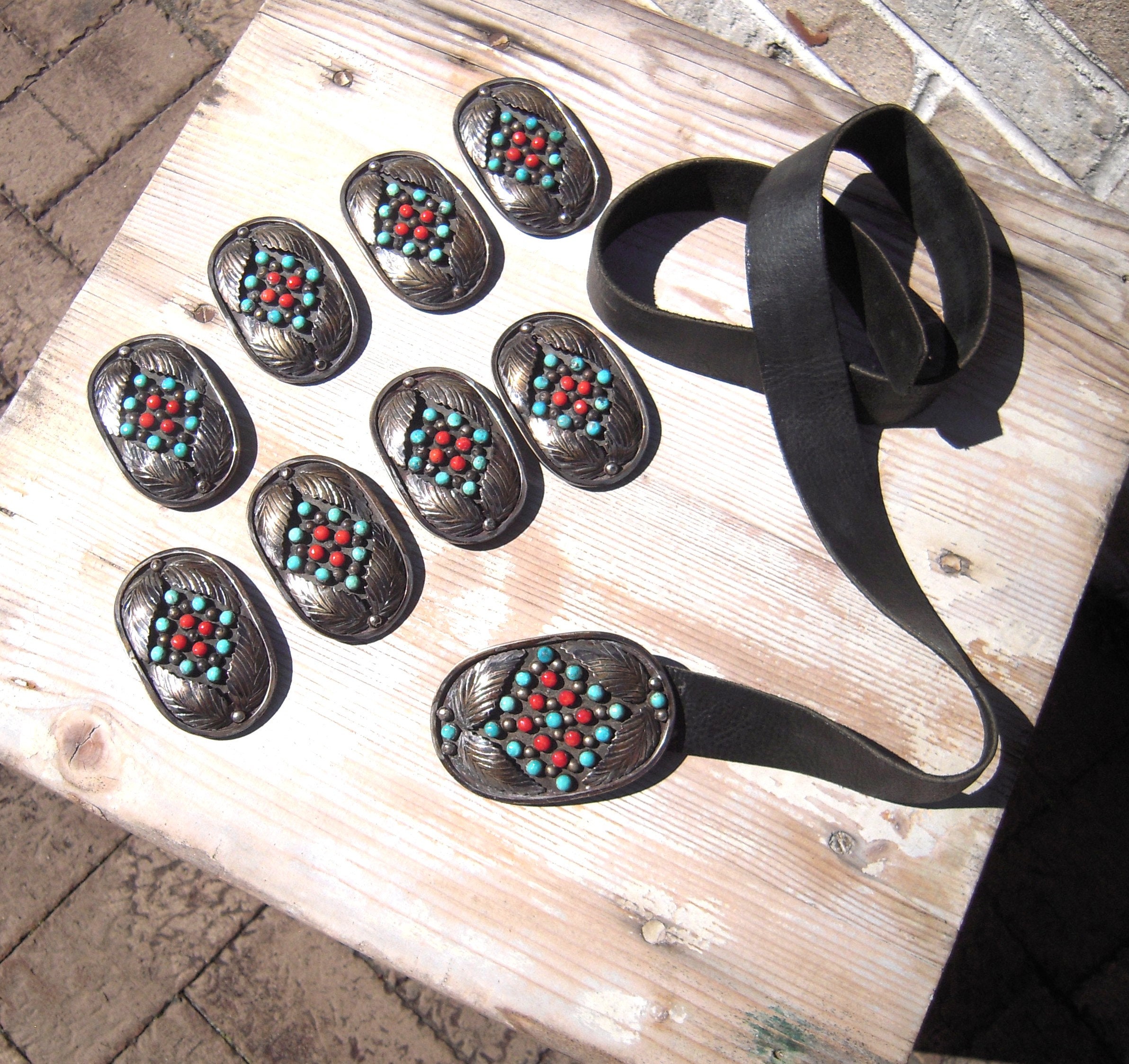 SIGNED Vintage Concho Belt Zuni Silver Turquoise Coral Jobeth Mayes ...