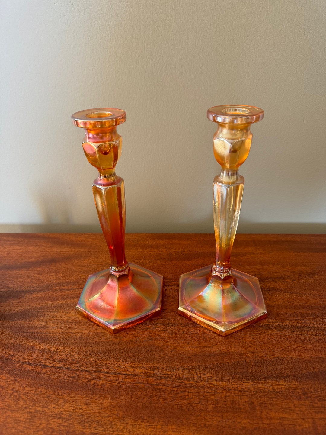 Iridescent Marigold Orange Carnival Glass Candlestick Holders A Pair - Etsy