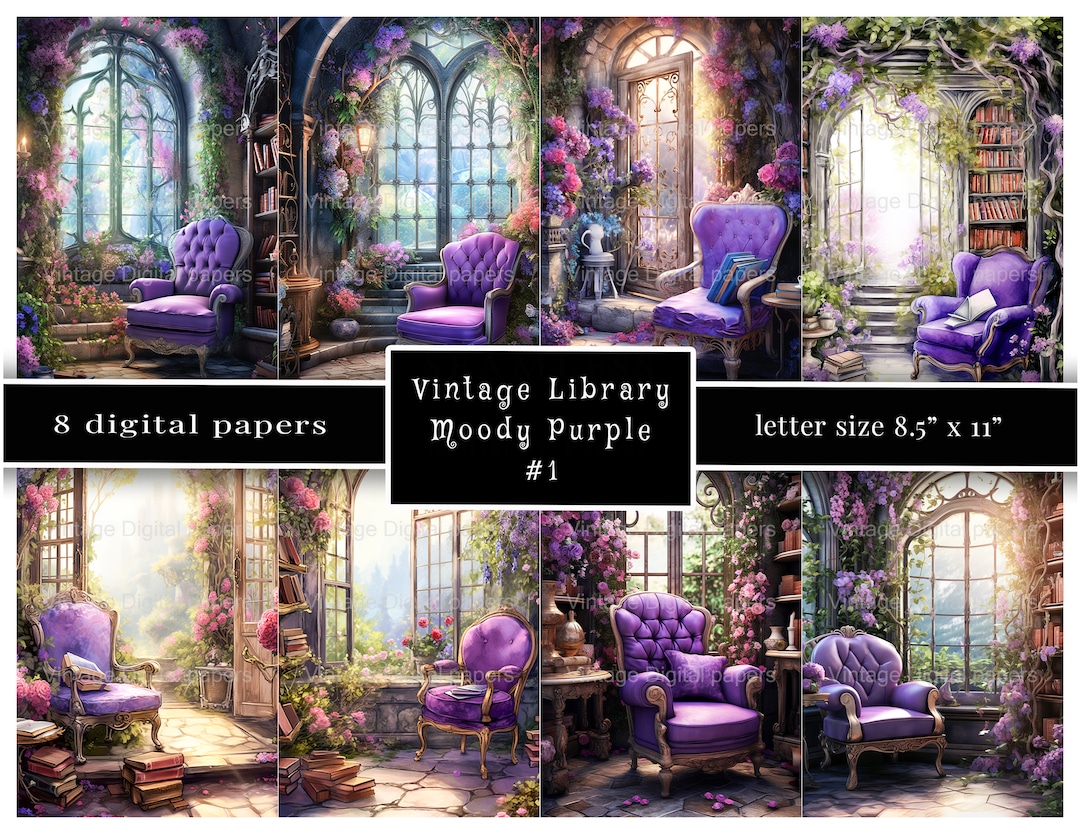 Moody Purple Victorian Book Nook Library Digital Paper, Victorian ...