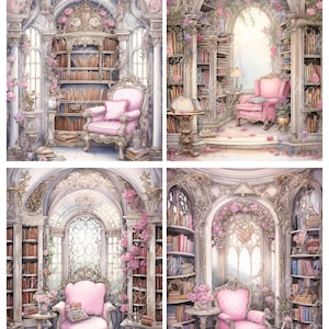 Vintage Book Nook Library Digital Paper, Pink Pastels Victorian Library ...