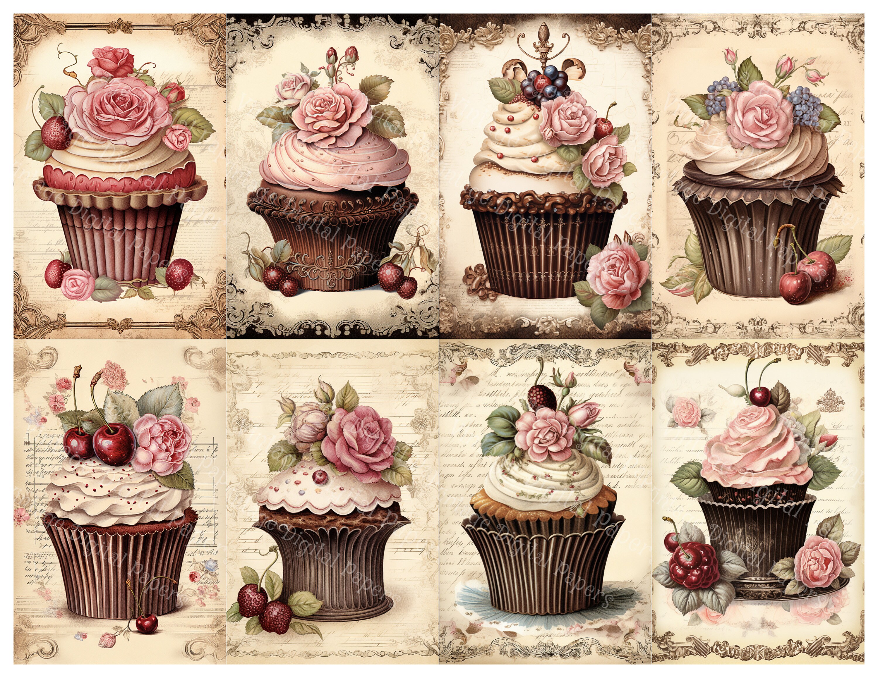 Cupcake Journal Paper, Victorian Cupcakes Digital Paper, Vintage ...