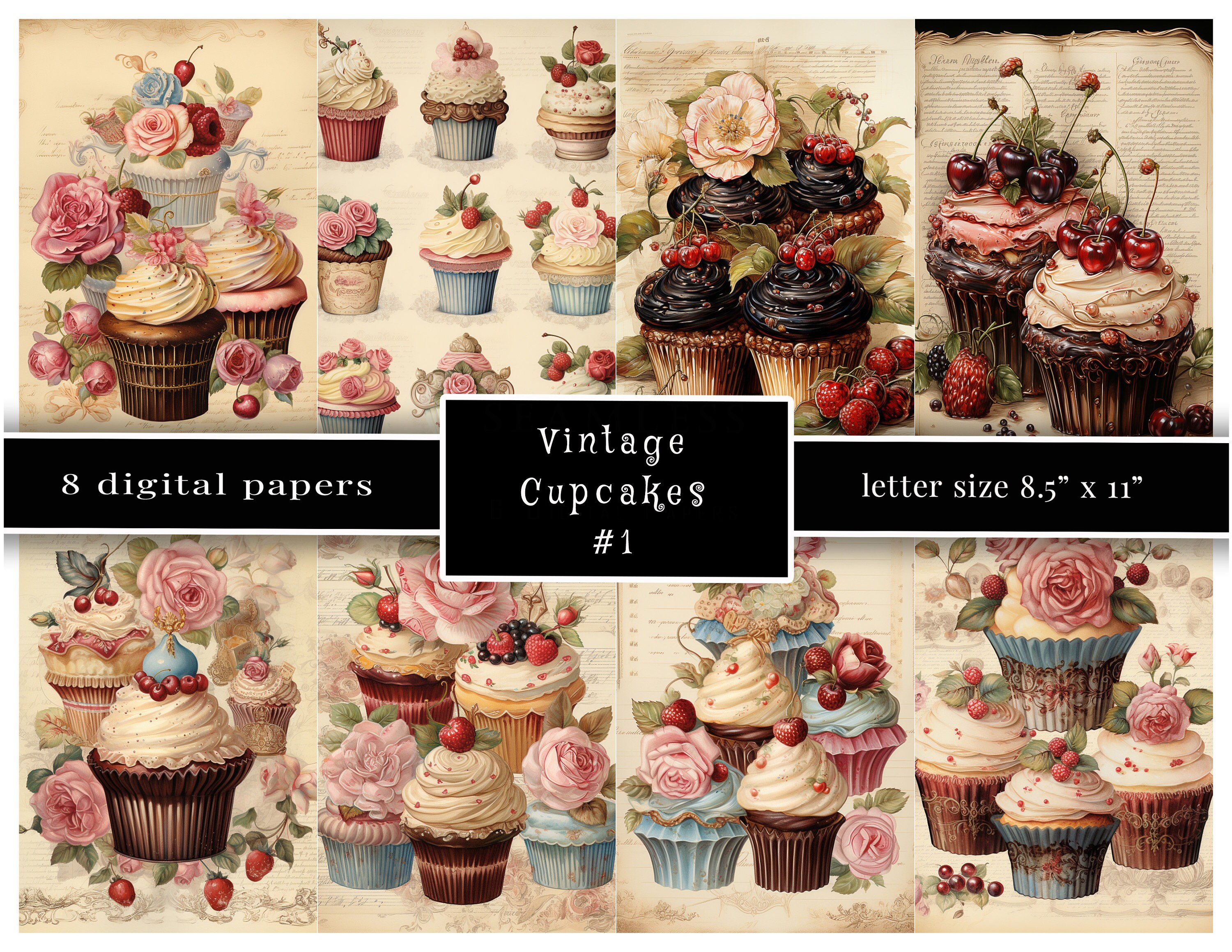 Cupcake Journal Paper, Victorian Cupcakes Digital Paper, Vintage ...