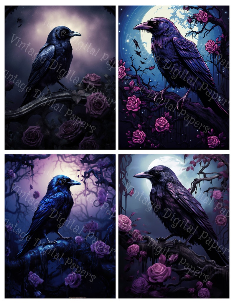 Gothic Crows With Purple Roses Digital Paper, Black Ravens Dark Moody ...
