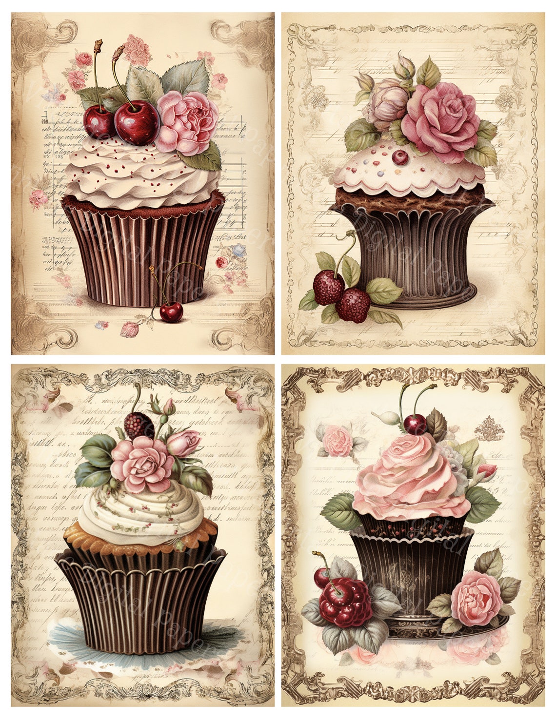 Cupcake Journal Paper, Victorian Cupcakes Digital Paper, Vintage ...