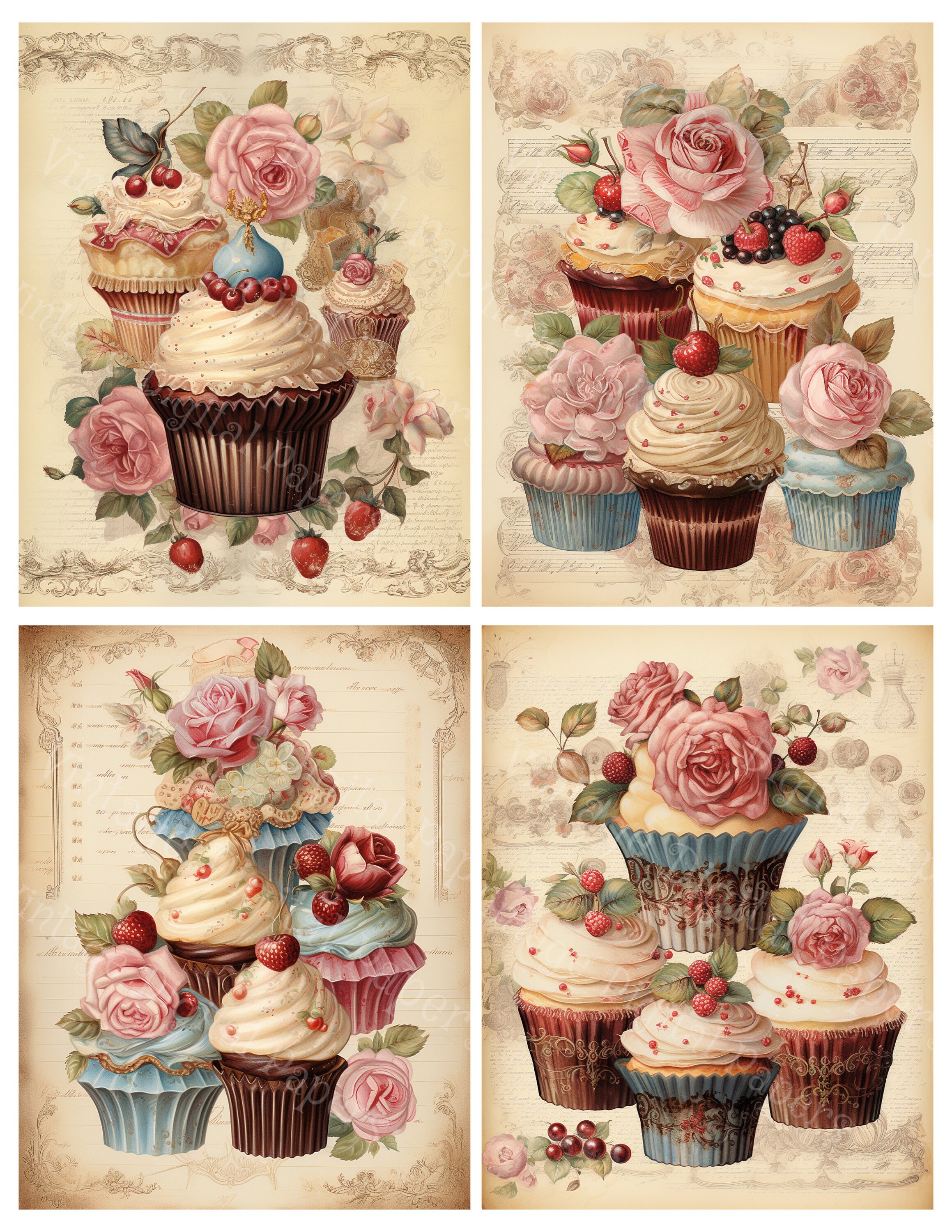 Cupcake Journal Paper, Victorian Cupcakes Digital Paper, Vintage ...