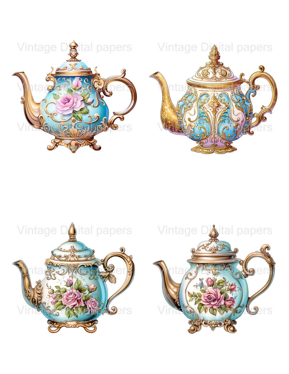 Victorian Tea Pots Clipart, Vintage Teapots, Victorian Clipart, Tea ...