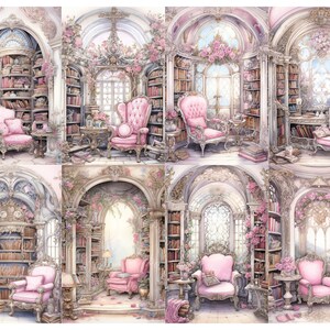 Vintage Book Nook Library Digital Paper, Pink Pastels Victorian Library ...