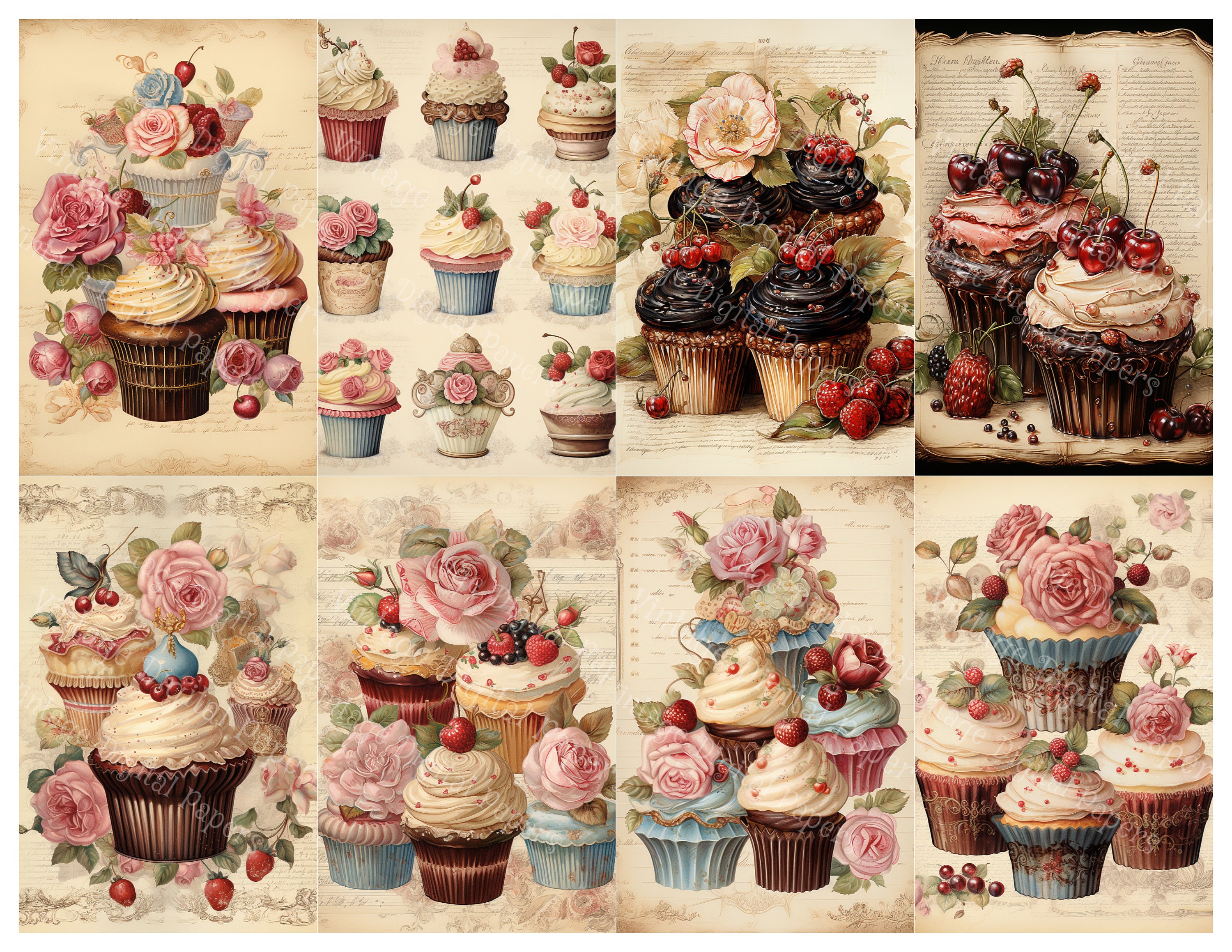 Cupcake Journal Paper, Victorian Cupcakes Digital Paper, Vintage ...
