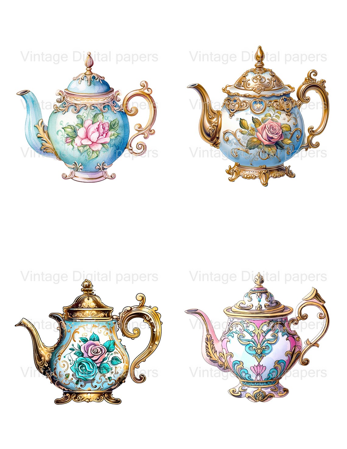 Victorian Tea Pots Clipart, Vintage Teapots, Victorian Clipart, Tea ...