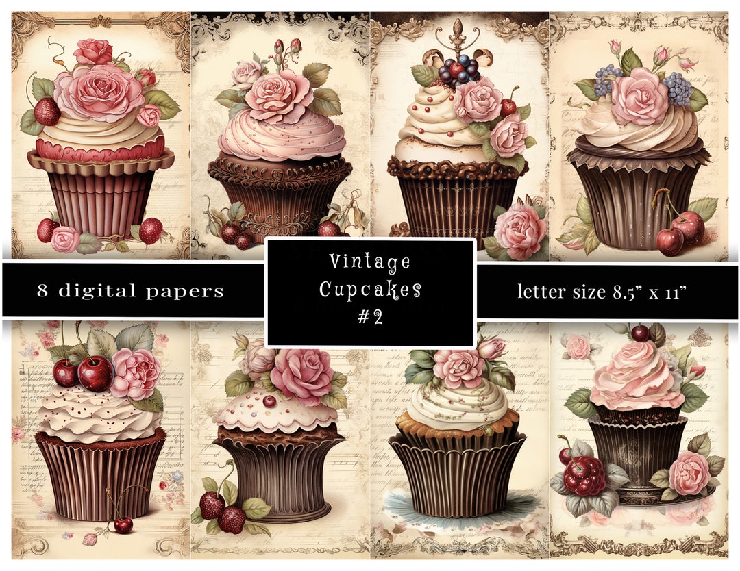 Victorian Cupcake Journal Paper: Shabby Chic Digital Paper (8.5"x11 ...