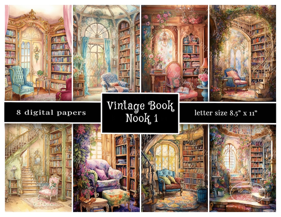 Victorian Book Nook Digital Journal Paper, Bright Pastels Vintage ...