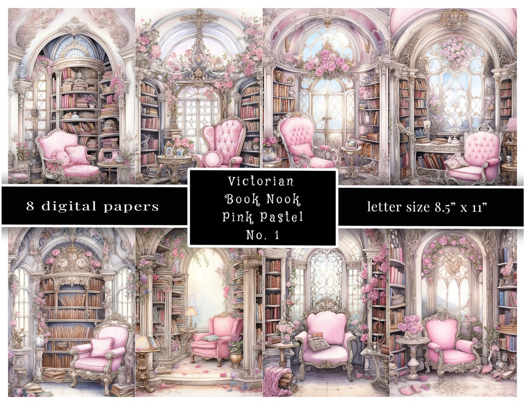 Vintage Book Nook Library Digital Paper, Pink Pastels Victorian Library ...