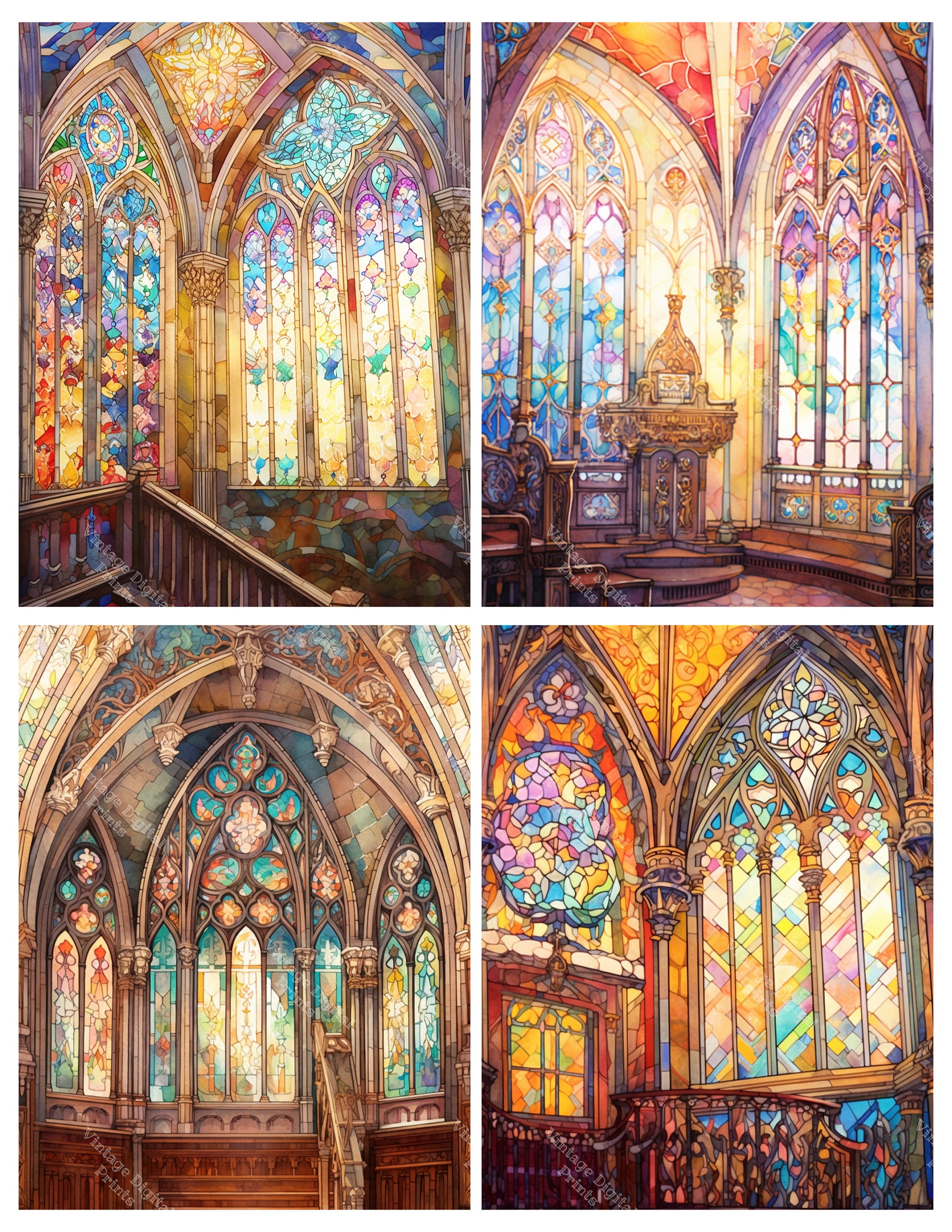 Church Stained Glass Windows Journal Paper, Vintage Church, Watercolor ...