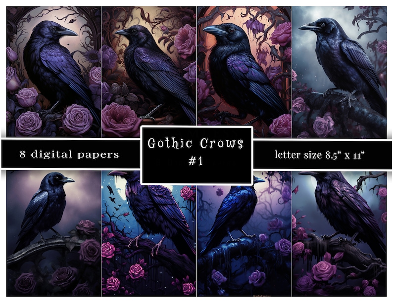 Gothic Crows With Purple Roses Digital Paper, Black Ravens Dark Moody ...