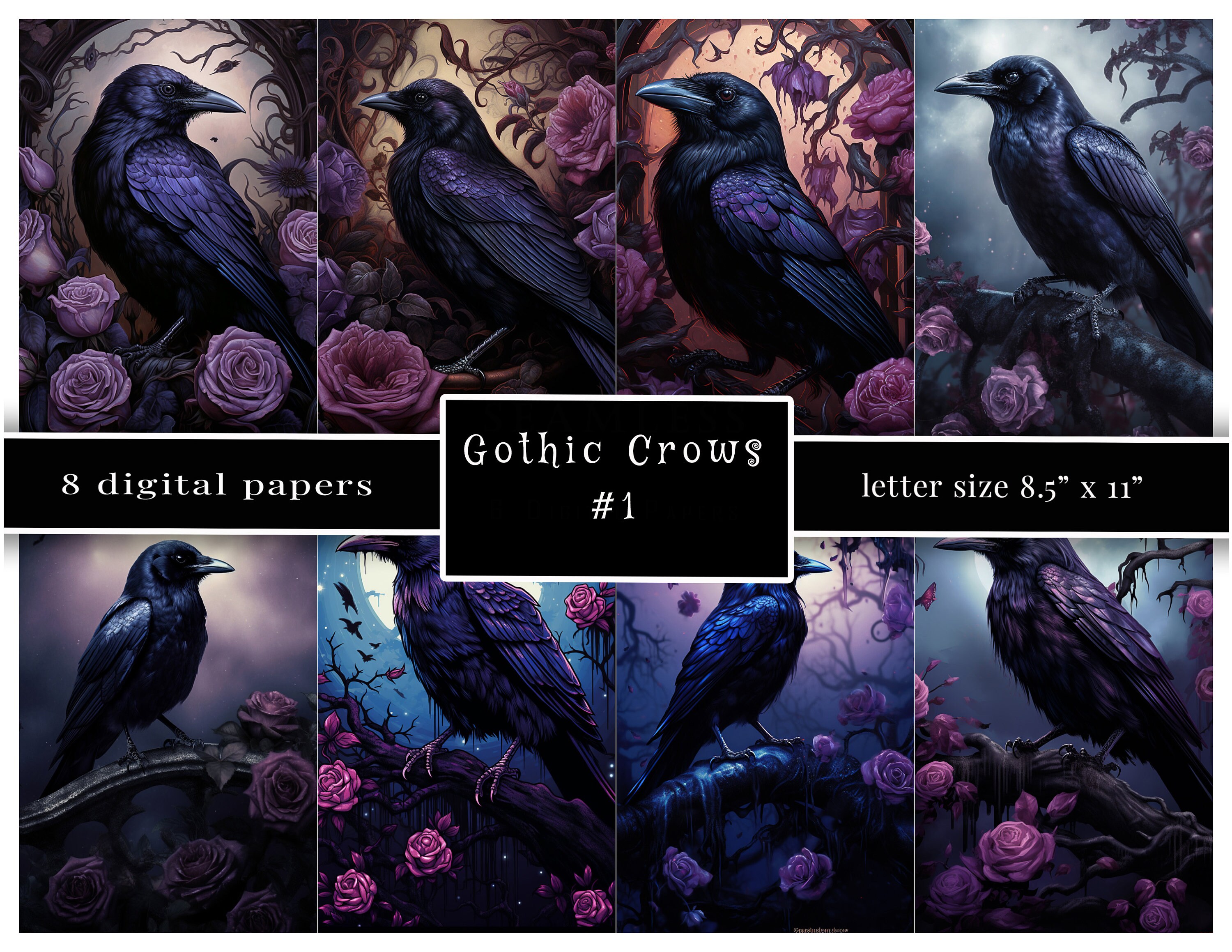 Gothic Crows With Purple Roses Digital Paper, Black Ravens Dark Moody ...