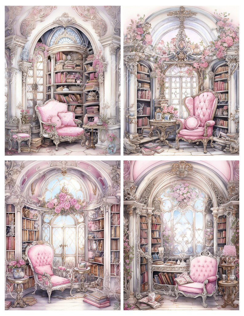 Vintage Book Nook Library Digital Paper, Pink Pastels Victorian Library ...