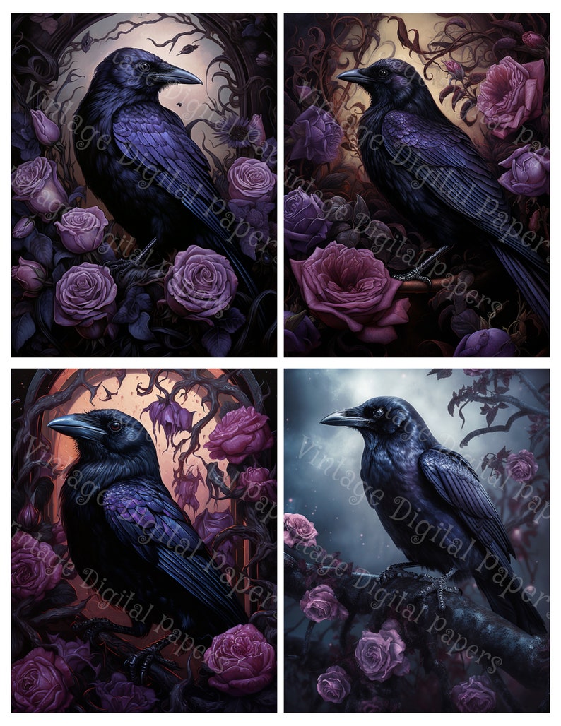 Gothic Crows With Purple Roses Digital Paper, Black Ravens Dark Moody ...