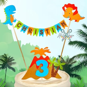 Dinosaur Cake Bunting Topper With Volcano Cake Topper- (2 Pc Set) Dino ...