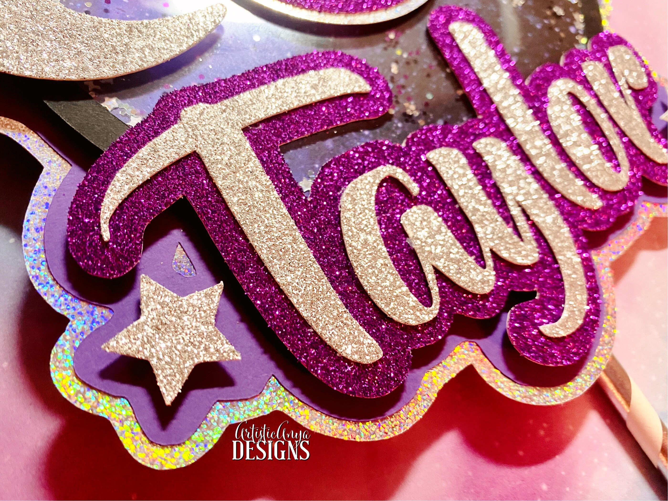 Galaxy Cake Topper - Celestial Party Decorations - Glitter Age & Name ...