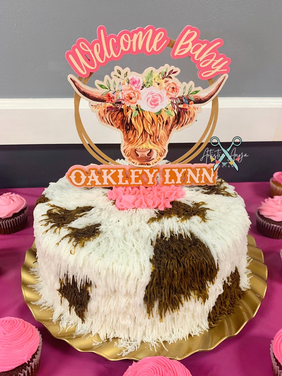 Highland Cow Cake Topper With Personalized Name - Pink and Burnt Orange ...