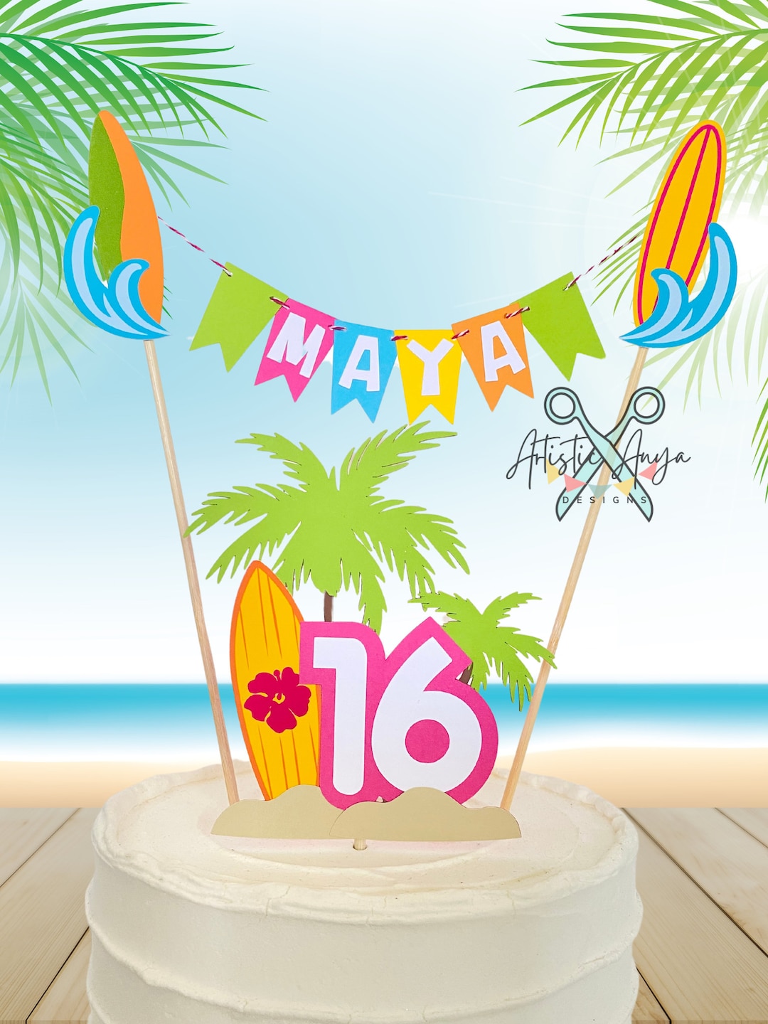 Surf Cake Bunting Topper With Age Surf Board Cake Topper- (2 Pc Set ...