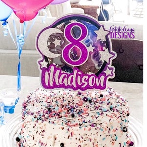 Galaxy Cake Topper - Celestial Party Decorations - Glitter Age & Name ...