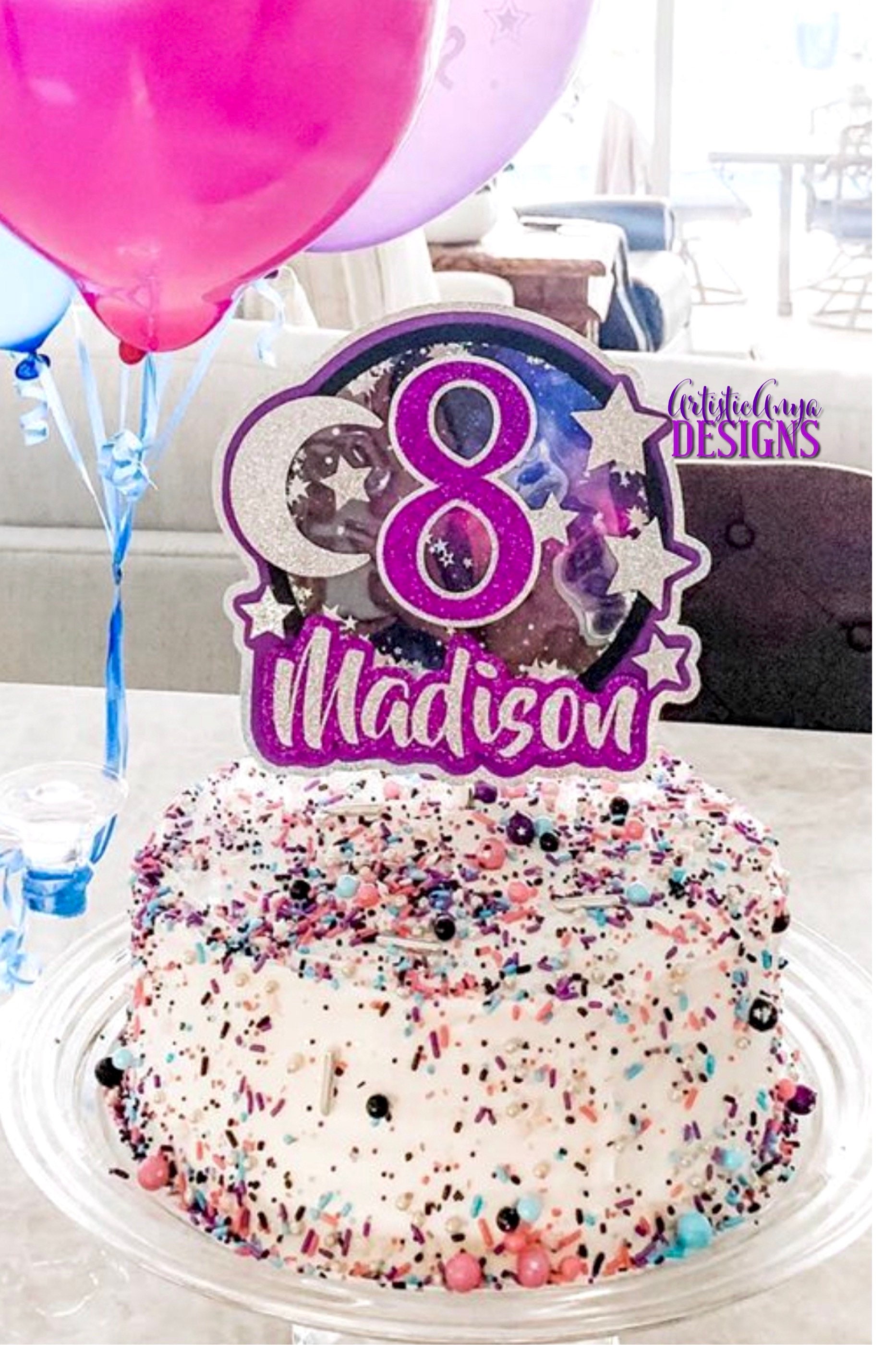 Galaxy Cake Topper - Celestial Party Decorations - Glitter Age & Name ...