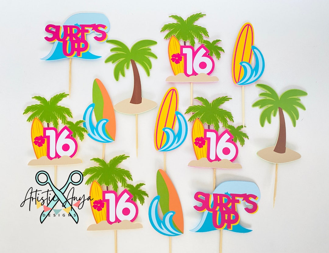Girl Surfer Theme Age Cupcake Toppers - Set of 12 - Surf Party ...