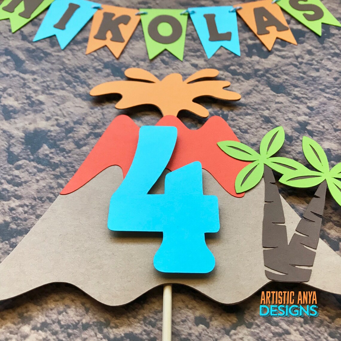Dinosaur Cake Bunting Topper With Volcano Cake Topper- (2 Pc Set) Dino ...