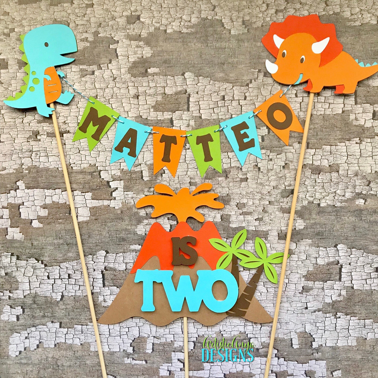 Dinosaur Cake Bunting Topper With Volcano Cake Topper- (2 Pc Set) Dino ...