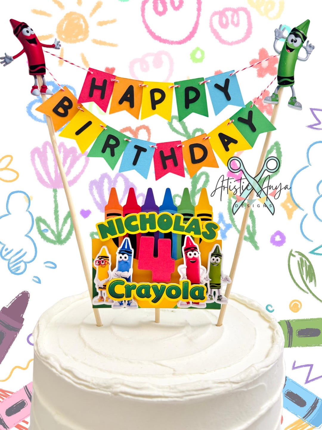 Crayon Cake Bunting Topper With Birthday Age & Name Topper- (2 Pc Set ...