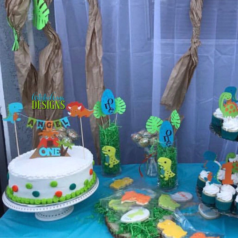 Dinosaur Cake Bunting Topper With Volcano Cake Topper- (2 Pc Set) Dino ...