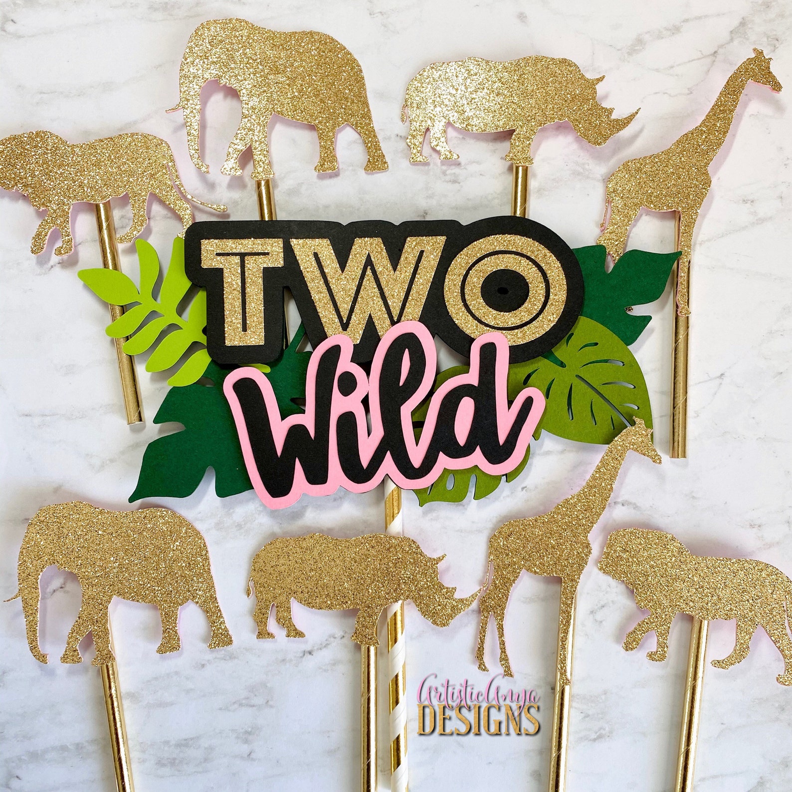 Safari TWO Wild Cake Topper With Gold Glitter Animals- Jungle Themed ...