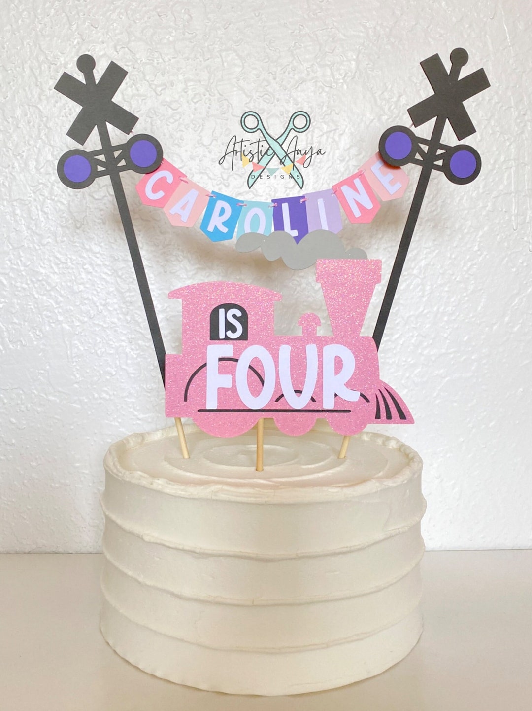 Cute Railroad Cake Bunting Topper With Vintage Glitter Pink Train Cake ...