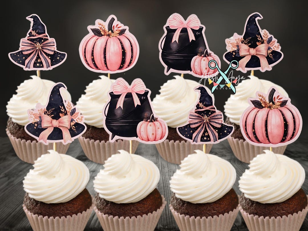 Cute Pink Halloween Cupcake Toppers - Set of 12 - Coquette Halloween ...