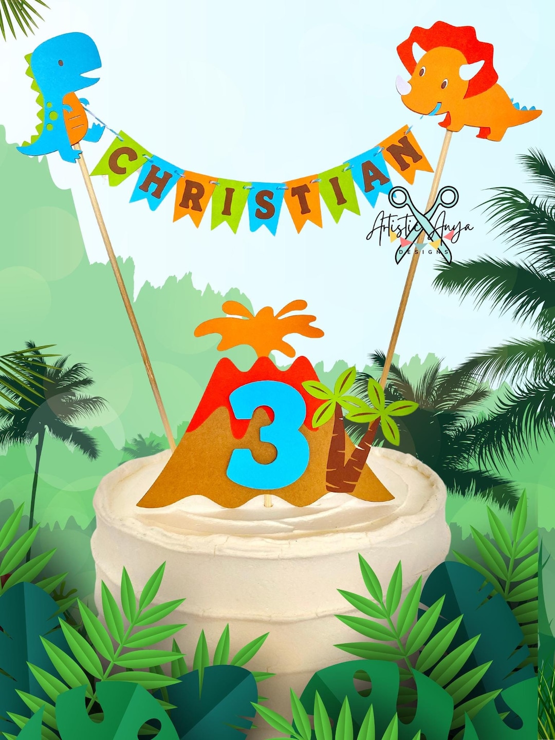 Dinosaur Cake Bunting Topper With Volcano Cake Topper- (2 Pc Set) Dino ...