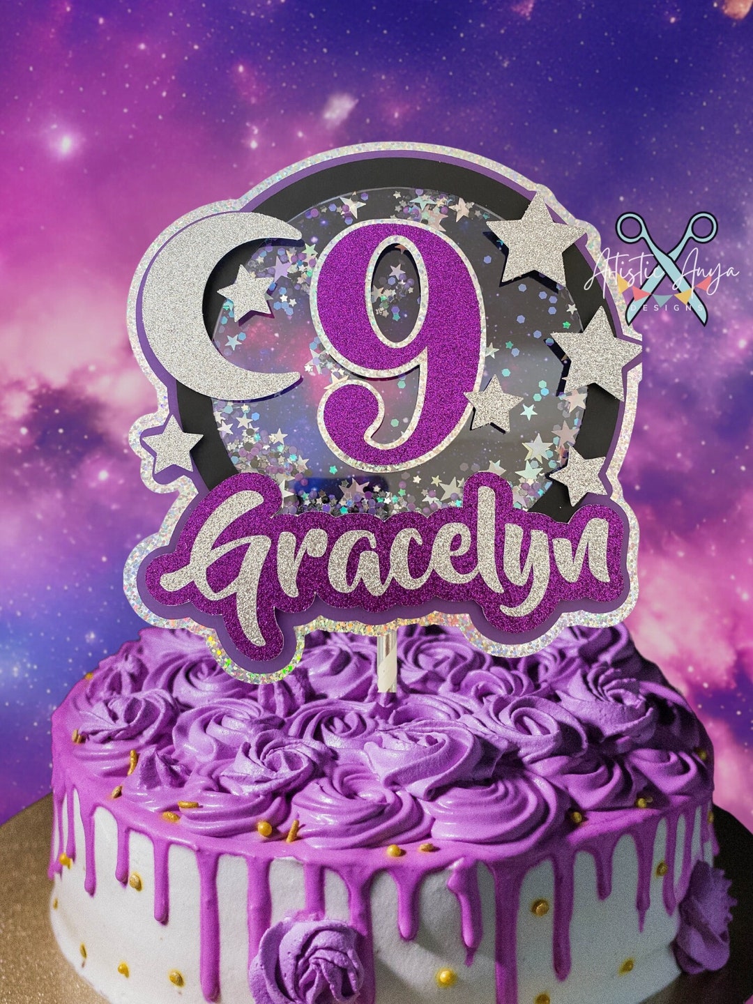 Galaxy Cake Topper - Celestial Party Decorations - Glitter Age & Name ...