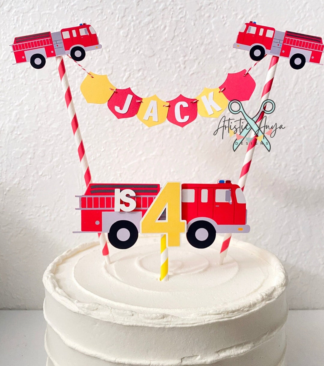 Fire Truck Cake Bunting Topper and Mini Age Fire Truck Cake Topper 2 Pc ...