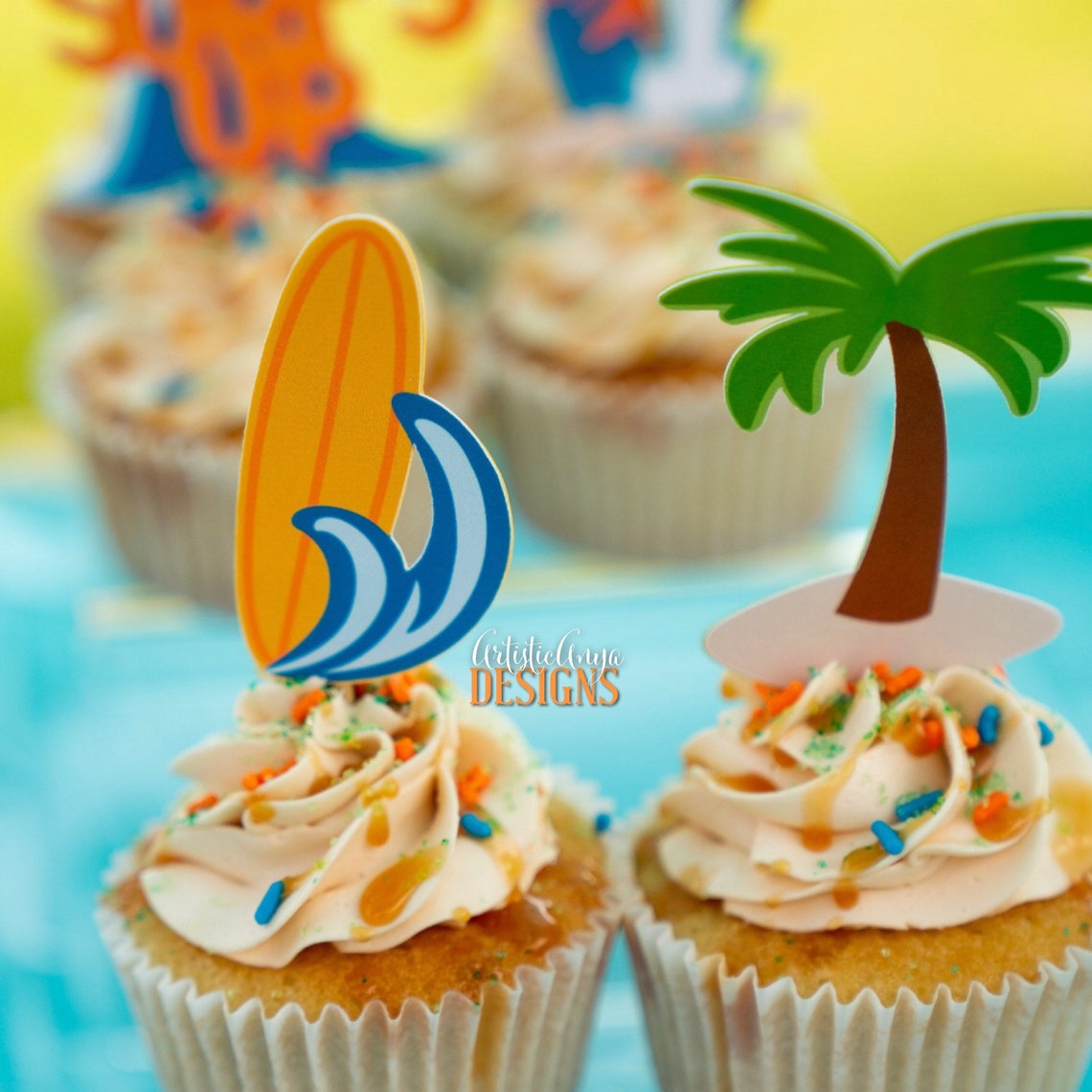 Surfer Theme Age Cupcake Toppers - Set of 12 - Surf Party - Surfboard ...